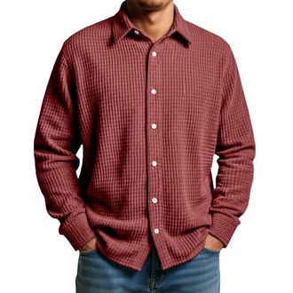 Generic Chemise gaufr&eacute;e pour homme et adulte, chemise &agrave; revers de couleur unie &agrave; manches longues boutonn&eacute;es, style vintage, d&eacute;contract&eacute; et de travail, chemise