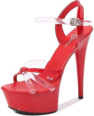 Generic Rouge,41 EU,Sandales à Talons Aiguilles et Bout Ouvert pour Femmes, avec Bride à la Cheville Transparente en PVC, Chaussures de soirée de Mariage