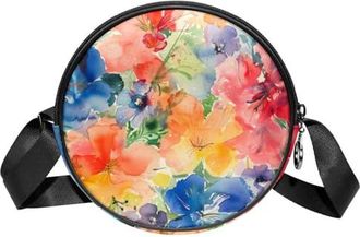 Generic Sac &agrave; bandouli&egrave;re rond pour femme, motif fleurs aquarelles, petit sac &agrave; dos &agrave; bandouli&egrave;re avec fermeture &eacute;clair, bretelles r&eacute;glables, sac &agrave; main rond 