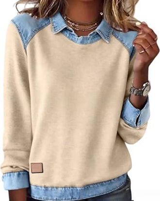 Generic Sweats en denim patchwork pour femme, col en denim, patchwork cousu, pull de No&euml;l d&eacute;contract&eacute;, abricot, XXL