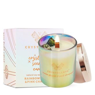Crystallove Duftkerze im Glas - Nat&uuml;rliche Soja-Kerze mit Regenbogenfluorit und rosa Champagner - Candle - Geschenk Kerze - 220g - lang anhaltende Kerze f&uuml;r Zuhau