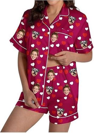 Generic Pyjama personnalis&eacute; en soie pour femme avec photo de visage amusant, pyjama personnalis&eacute; en satin pour femme, ensemble de pyjama deux pi&egrave;ces, pyjama c