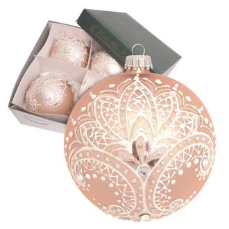 Krebs Glas Lauscha Weihnachtsdekoration/Christbaumschmuck aus Glas - Kugeln Stickerei Wei&szlig; - Farbe: Pink/Rosa Satin - Menge: 4 St&uuml;ck - Gr&ouml;&szlig;e: ca. 10 cm