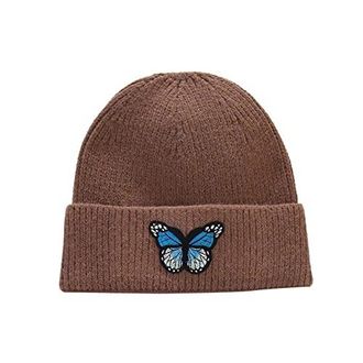 Generic Bonnet de ski en tricot chaud pour femme Motif papillon brod&eacute;, marron, Taille unique