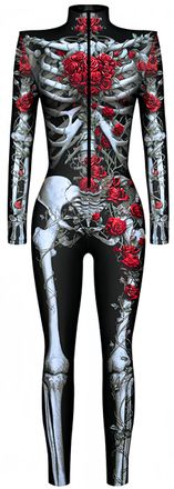 Ocean Plus Damen Halloween Skelett Digitaldruck Overall Schmal Geschnittene Langärmlige Einteilige Strumpfhose Jumpsuit (XL, Skelettrose)