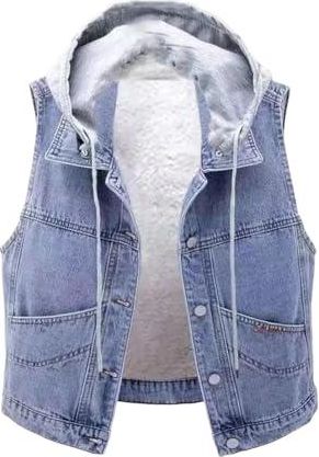 Generic Gilet en jean doubl&eacute; polaire pour femme - Doublure en fourrure dagneau sans manches avec &eacute;paulettes pour lhiver, 14, S