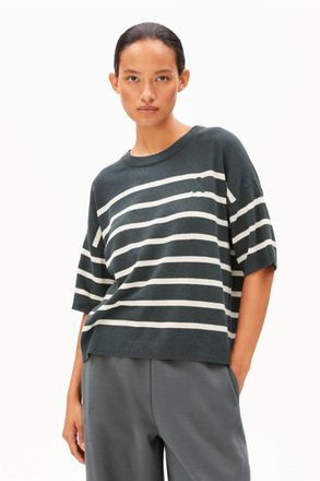 Armedangels Damen vegan Top Leinenmischung Grau Gestreift