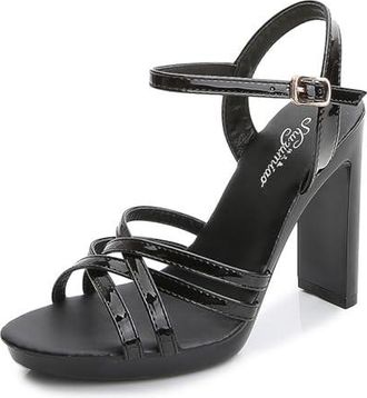 Generic Noir,43 EU,Sandales à Talons Hauts épais et à lanières pour Femmes, Bout Ouvert, Plateforme, Talon Bloc, avec Bride à la Cheville, Chaussures de soiré
