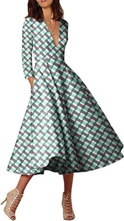 TOMWELL Robe Femme de Cocktail Mariage Soirée Cérémonie Vintage Col en V Profond Manches 3/4 Robe Vintage Imprimé élégante Robe Rockabilly Robe A Style15 S