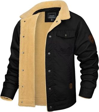 KEFITEVD Herren Trucker Jacken Klassische Baumwolljacken Winddichte Cargo Outwear Fleece Warme Cargo Jacken Reverskragen Jacke f&uuml;r Herren Schwarz
