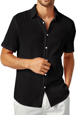 Onsoyours Hemd Herren Kurzarm Button Down Sommerhemd Musselin Leicht Strand Freizeit Businesshemd A Schwarz L
