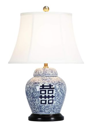 Ori&euml;ntique Chinesische Tischlampe Porzellan mit Schirm Doppel Gl&uuml;ck B38xT38xH58cm mit Lampenschirm E27 China Orientalische Tischleuchte Keramik Nachttischlampen 