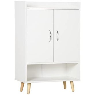 HOMCOM Meuble &agrave; Chaussures scandinave Placard 2 Portes 4 &eacute;tag&egrave;res Pieds effil&eacute;s inclin&eacute;s Bois Massif Panneaux Particules Blanc