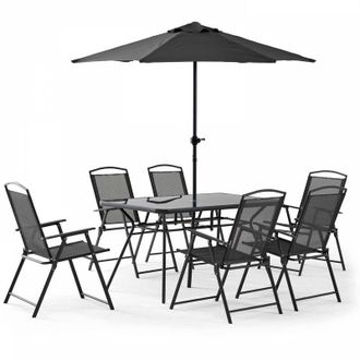 Oviala Salon de jardin table et 6 chaises pliantes avec parasol central
