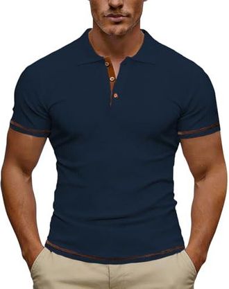 Generic Polo pour homme, manches courtes, col &agrave; revers boutonn&eacute;, couleur contrast&eacute;e, patchwork, t-shirt de sport, bureau, formel, intelligent, chemise de spor