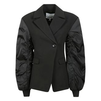 Ganni Femme, Vestes, Noir, Taille: 36 FR Veste en cr&ecirc;pe &agrave; double boutonnage avec bordures c&ocirc;tel&eacute;es