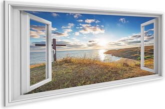 Islandburner Prime Bild auf Leinwand Kreuz Blick Auf Meereshorizont Durch Offenes Fenster Bilder Wandbilder Poster