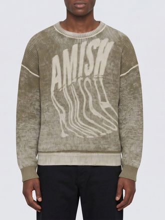 Amish Pull en coton &agrave; col rond avec logo contrastant et manches longues
