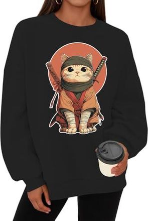 Generic Sweat-shirt surdimensionn&eacute; pour femme | Chandail surdimensionn&eacute; &agrave; col rond imprim&eacute; chat japonais, pull tendance, Noir, 3XL