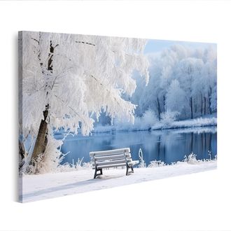 Islandburner Prime Bild auf Leinwand Winterliche Flussufer Landschaft mit Schnee und gefrorenen B&auml;umen - Leinwand 80x40cm