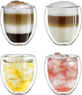 Creano Ensemble de 4 Verres Thermique &agrave; Double Paroi Bellied, R&eacute;sistant &agrave; la Chaleur en Verre Borosilicat&eacute;, Verre &agrave; Caf&eacute;/Th&eacute; | 250ml