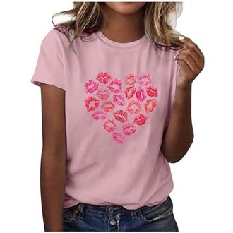 Generic 2026 T-shirt rond tendance pour femme avec imprim&eacute; coeur de Saint-Valentin &agrave; manches courtes, rose, XL