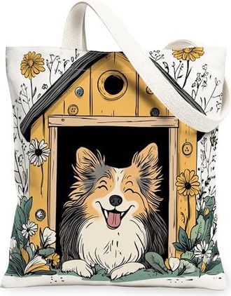 Generic Sac fourre-tout en toile motif chien de berger des Shetland pour le shopping, 33 x 38,1 cm, niche amusante pour chiot, sac d&eacute;picerie r&eacute;utilisable, sac