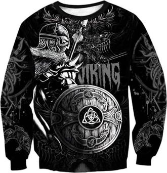 Generico Sweats &agrave; Capuche Hommes Imprim&eacute; Tatouage Viking Sweat Sans Capuche &agrave; Manches Longues Casual Viking 3D avec Poche Pull Mythologie M&eacute;di&eacute;vale Nordique Go