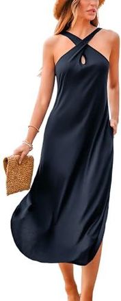 Cupshe Robe dété décontractée pour femme, col croisé, sans manches, fente, longue robe de plage avec poches, bleu marine, M