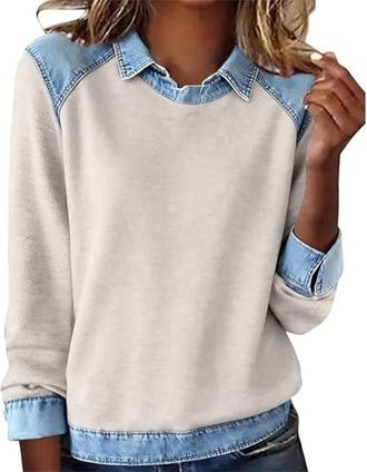 Generic Pull Femme Col Manches Longues Tops Denim Patchwork Sweatshirt Femme Sans Capuche Casual Mode T-shirt &agrave; Manches Longues Chemisier Contraste Femme Pull