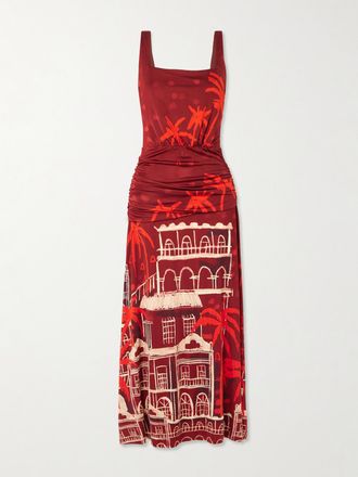 Johanna Ortiz Plant Of Joy Maxikleid Aus Bedrucktem Gl&auml;nzendem Jersey Mit Raffung - Rot