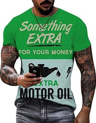 Keephen T-Shirt Huile Moteur Homme Décontracté T-Shirt imprimé 3D Summer Retro Letter Graphic Print Manches Courtes T Shirt Tops