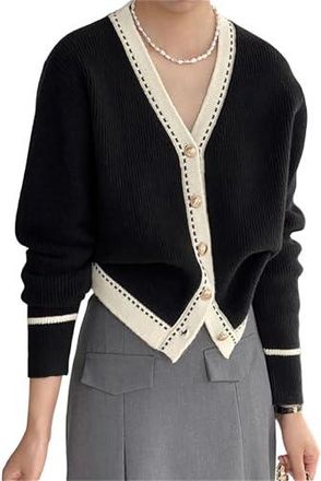 Generic Cardigan tricot&eacute; &eacute;l&eacute;gant &agrave; col en V et manches longues pour femme - Cardigan cor&eacute;en ample d&eacute;contract&eacute;, Noir/blanc, taille unique