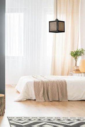 Opviq Elegant Chandelier with FIR Wood Body & Natural Fabric Cap, Adjustable Height 70 cm, E27 Socket, Black & Rattan Finish | Perfect for Modern Spaces