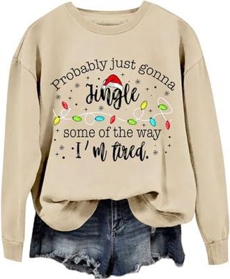 Generic Probably Just Gonna Jingle Some Of The Way Im Tired Pull de Noël pour femme Pull de Noël Chapeau de Père Noël Ornement de Noël Imprimé graphique Pull 