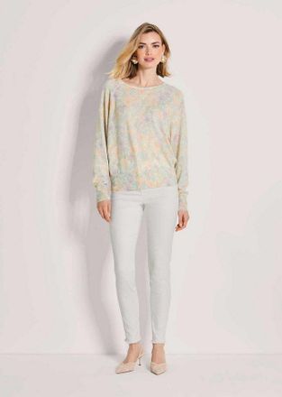 Madeleine Strickpullover Druckpullover mit zartem Bl&uuml;tenmuster Wollpullover mit U-Boot-Ausschnitt, gerippten Abschl&uuml;ssen und Langarm
