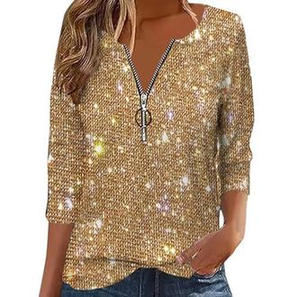 Generico Chemise &eacute;l&eacute;gante pour femme avec paillettes brillantes - Col rond avec fermeture &eacute;clair - Haut pour femme - Pour f&ecirc;te, printemps, vacances, f&ecirc;te, d&eacute;co