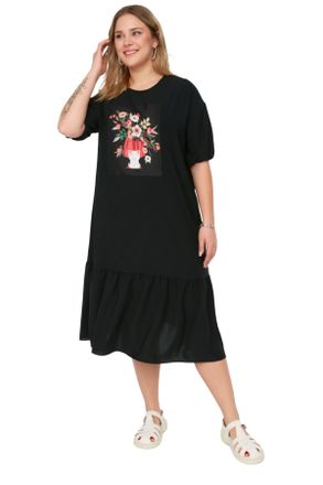 Trendyol Trendyol Damen Rüschen Saum Relaxed Fit Woven Plus Size Midi-Rüschensaum, lockere Passform, gewebtes Kleid in Übergröße, Schwarz, 42