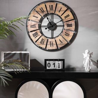 Wall-Art große Vintage Wanduhr Wohnzimmer Metalluhr Palettenholz Wanduhren ohne Tickgeräusche Moderne XL römische Ziffern (Metall Holzoptik, Ø 50 cm Antik Holz