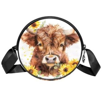 Generic Sac &agrave; bandouli&egrave;re rond pour femme, motif vache et tournesol avec fermeture &eacute;clair et bretelles r&eacute;glables