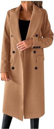 Generico Manteau dhiver pour femme - Manteau long en laine pour automne et hiver avec rabat classique - Veste chaude de transition élégante avec double boutons