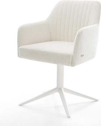 DELIFE Drehstuhl Greg-Flex Bouclé Soft Beige Fußkreuz Weiß 360° drehbar Wippfunktion Taschenfederkern, Esszimmerstühle