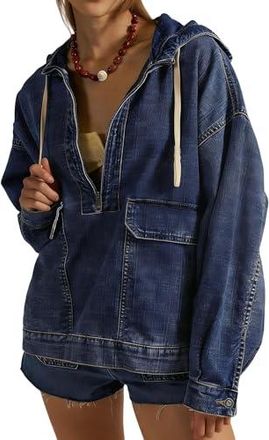 Generic Pull en jean surdimensionn&eacute; pour femme avec demi-fermeture &eacute;clair et poches - V&ecirc;tement dext&eacute;rieur d&eacute;contract&eacute;, noir fonc&eacute;, XL