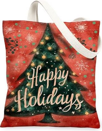 Generic Sacs fourre-tout en toile motif sapin de No&euml;l, sacs d&eacute;picerie r&eacute;utilisables, vintage, artistiques, l&eacute;gers et lavables, toile pour voyage, plage, shopp
