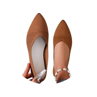 Minetom Damen Ballerina Flache Schuhe Spitze Zehe Strick Kleid Schuhe Slip On Sommer Walking Flats Loafer F&uuml;r Frauen Bequem Weich A Braun 38 EU