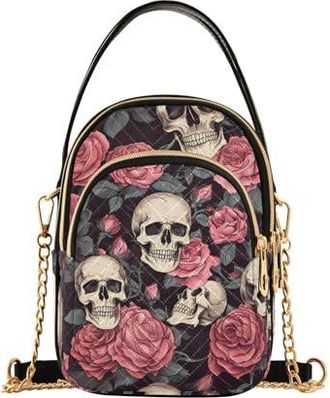 Mnsruu Sac à bandoulière pour femme avec motif tête de mort, rose rouge, squelette, gothique, sac à main, petit sac à bandoulière avec sangle réglable