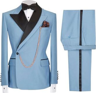 Generic Costume 2 pi&egrave;ces pour homme avec fermoir en m&eacute;tal coupe ajust&eacute;e blazer costume et pantalon ensemble d&eacute;contract&eacute; daffaires mariage smoking, Bleu 3, 4XL