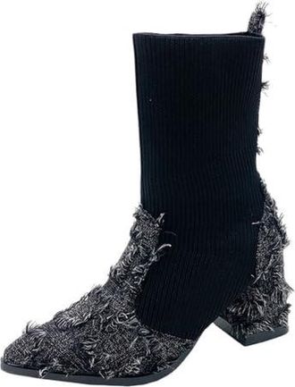 Generic Bottines dhiver tendance à bout pointu pour femme - Confortables - Talon bloc - Chaussettes tricotées - Chaussures décontractées et chaudes, Noir, 37.