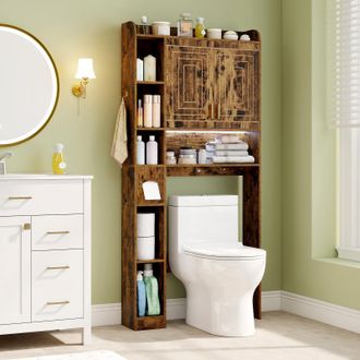 Costway Toilettenregal, Regal &uuml;ber Toilette mit Beleuchtung, 2 T&uuml;ren, 6 F&auml;chern, Taschentuchbox, Haken & verstellbarem Regal, Toilettenschrank platzsparend f&uuml;
