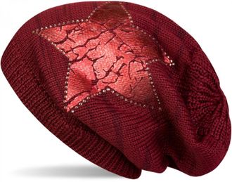 styleBREAKER Strick Beanie Mütze mit Vintage Stern Print und Strass Rand, Strickmütze mit Streifen Muster, Unisex 04024083, Farbe:Bordeaux-Rot/Rot